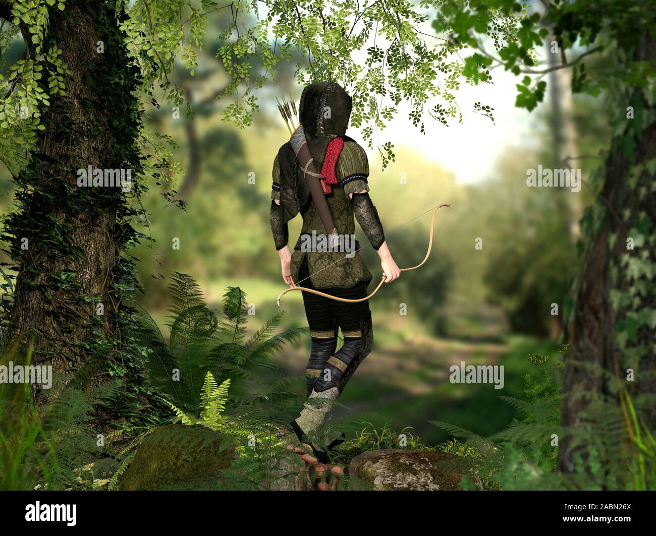 A hooded hunter with bow and arrows walks through a deep forest, 3d ...