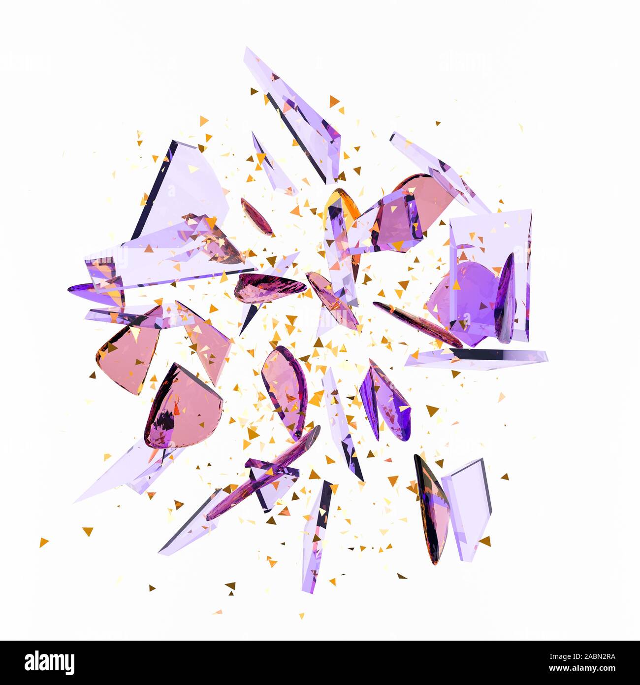 Abstract white background with isolated glass shards and glitter. 3d ...