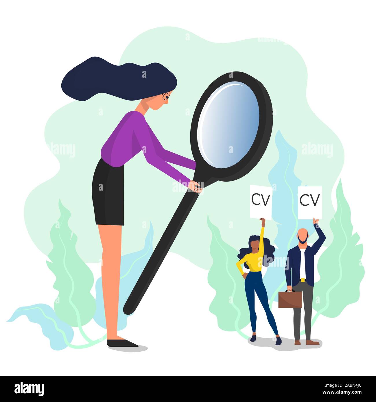 Woman holding big magnifying glass and looking at female and male job ...