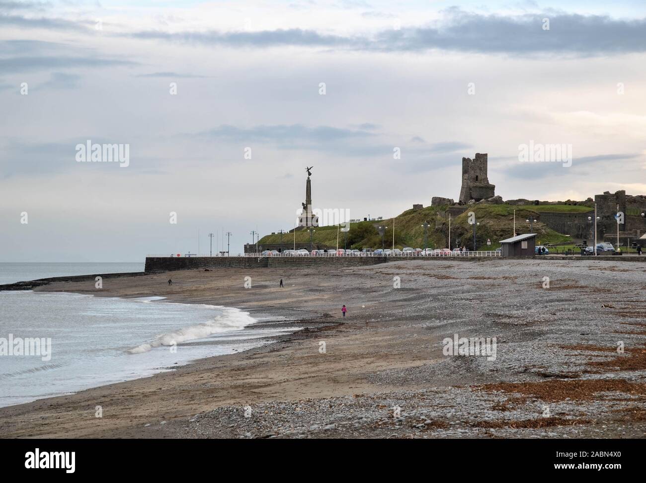 A view of Aberystwyth's South beach showing castle in the background ...