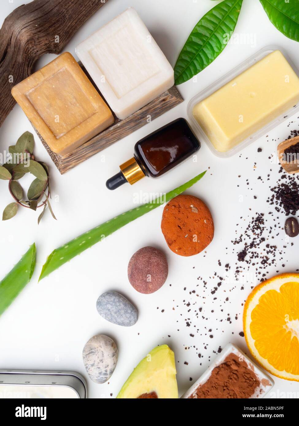 Natural eco skin care products, top view ingredients. Cosmetic, soap ...
