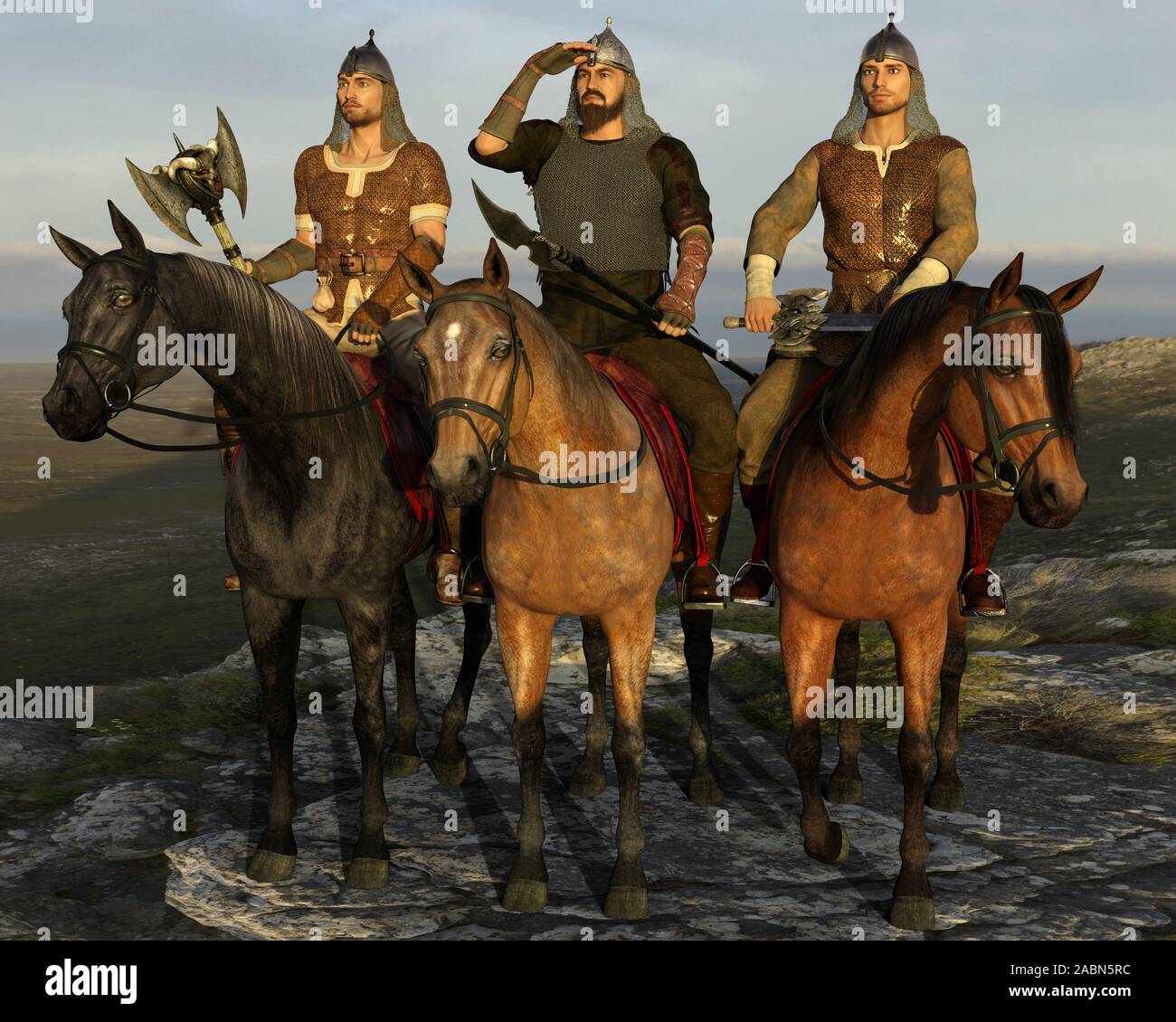 Three mounted epic knights in the fields Stock Photo - Alamy