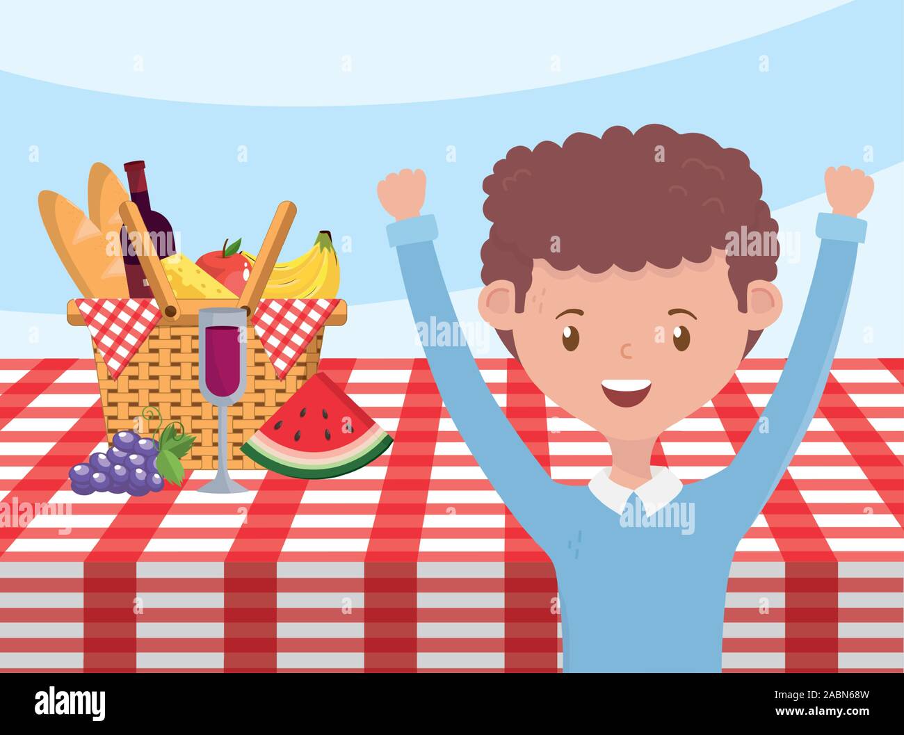 Man cartoon having picnic design, Food party summer outdoor leisure ...