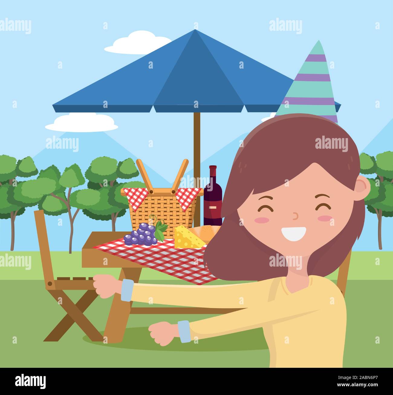 Woman cartoon having picnic design, Food party summer outdoor leisure ...