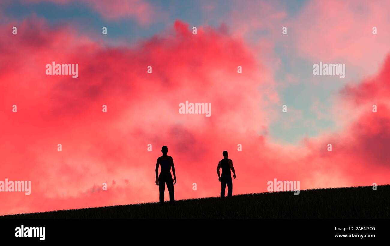 People Silhouette at Sunset 3D Rendering Stock Photo - Alamy