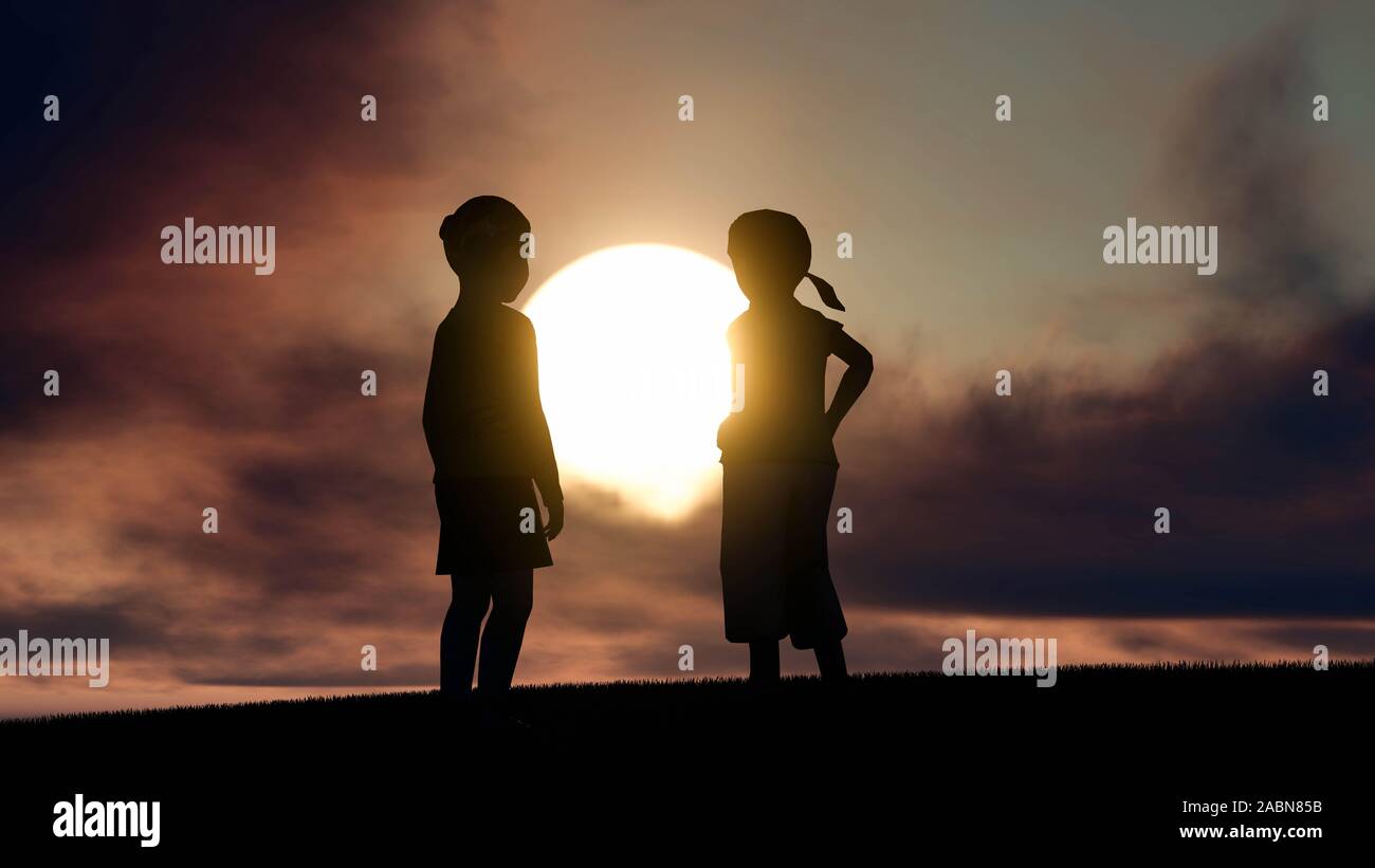 Children at sunset 3D Rendering Stock Photo - Alamy