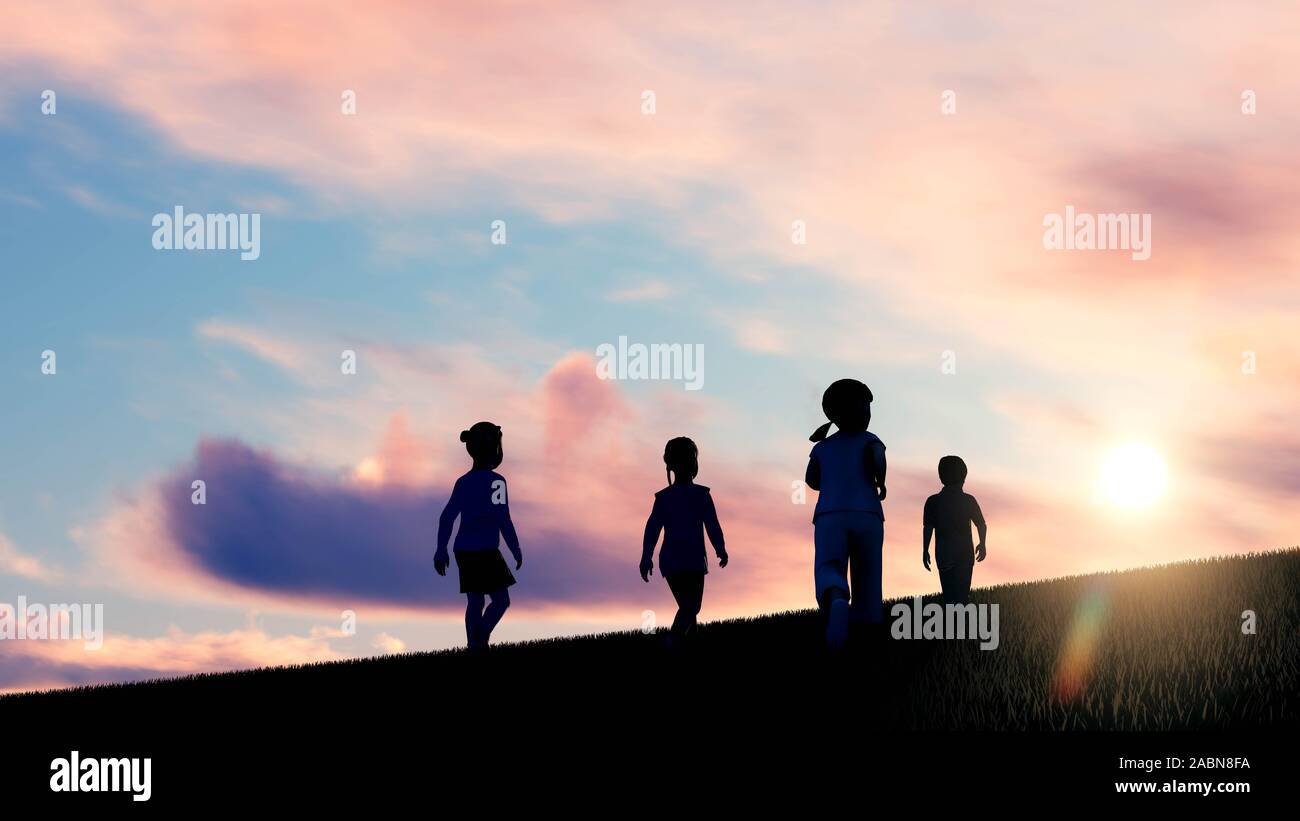 Children at sunset 3D Rendering Stock Photo - Alamy