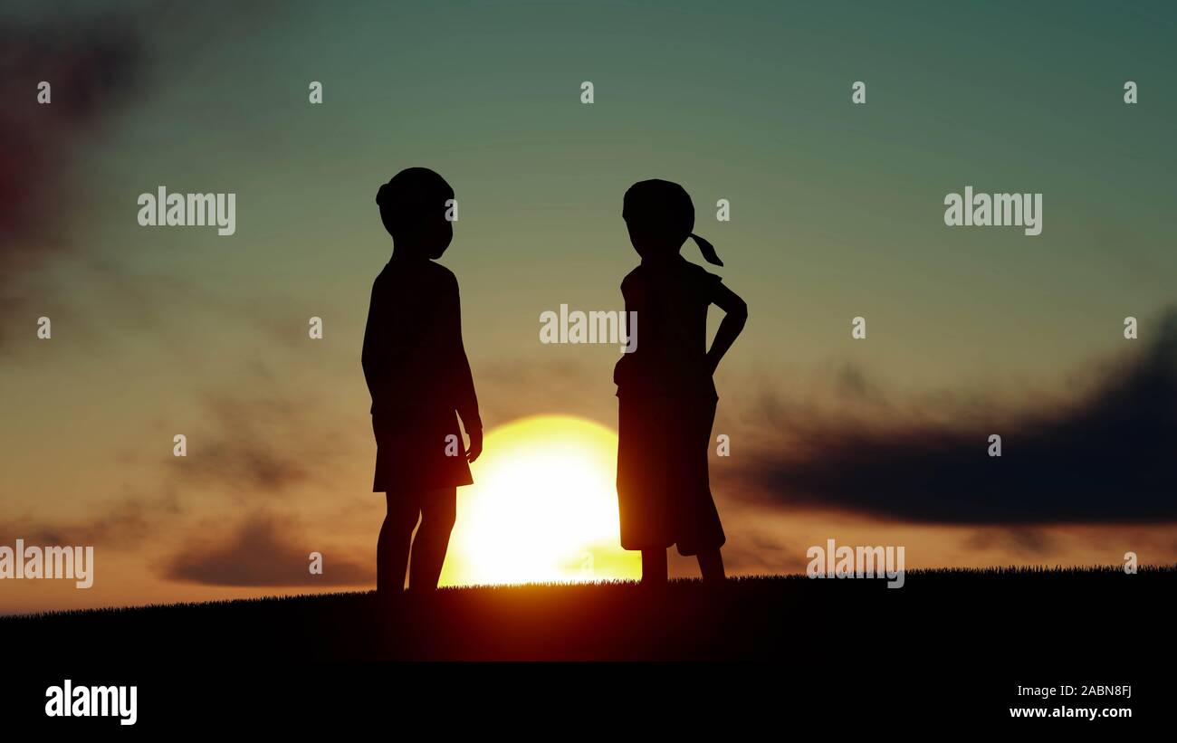 Children at sunset 3D Rendering Stock Photo - Alamy