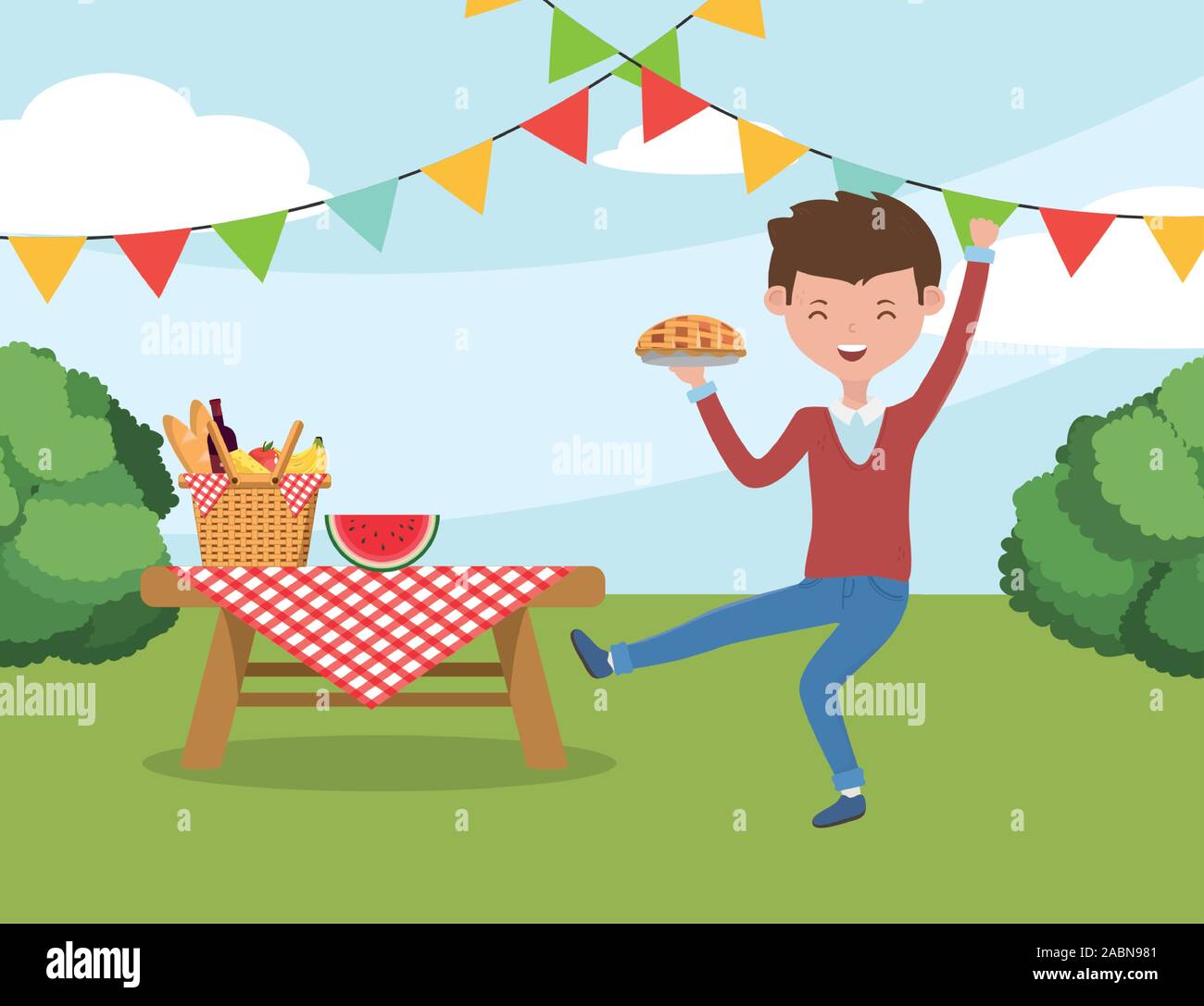 Man cartoon having picnic design, Food party summer outdoor leisure ...