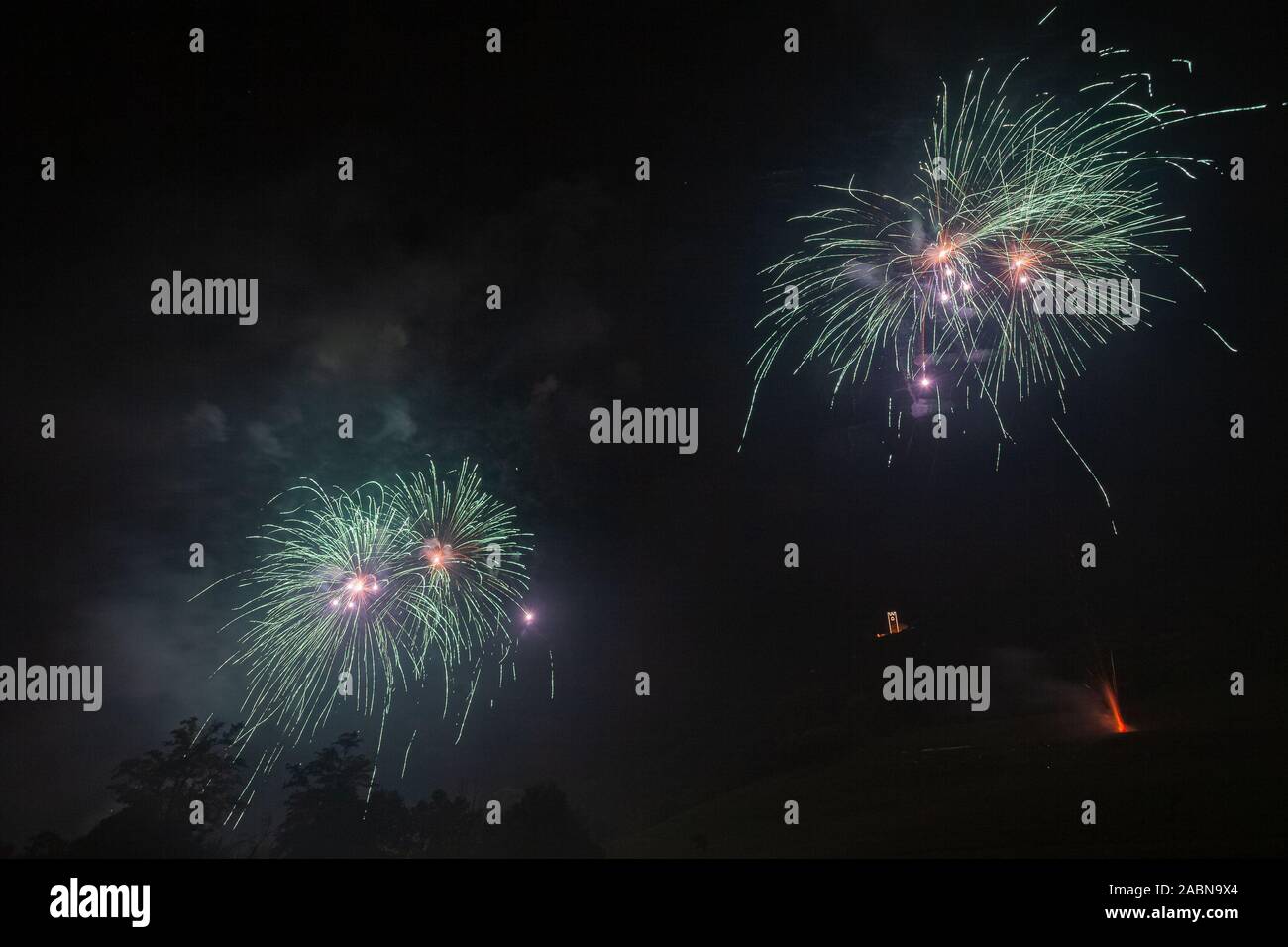 Beautiful orange and green fireworks over trees silhouette Stock Photo ...