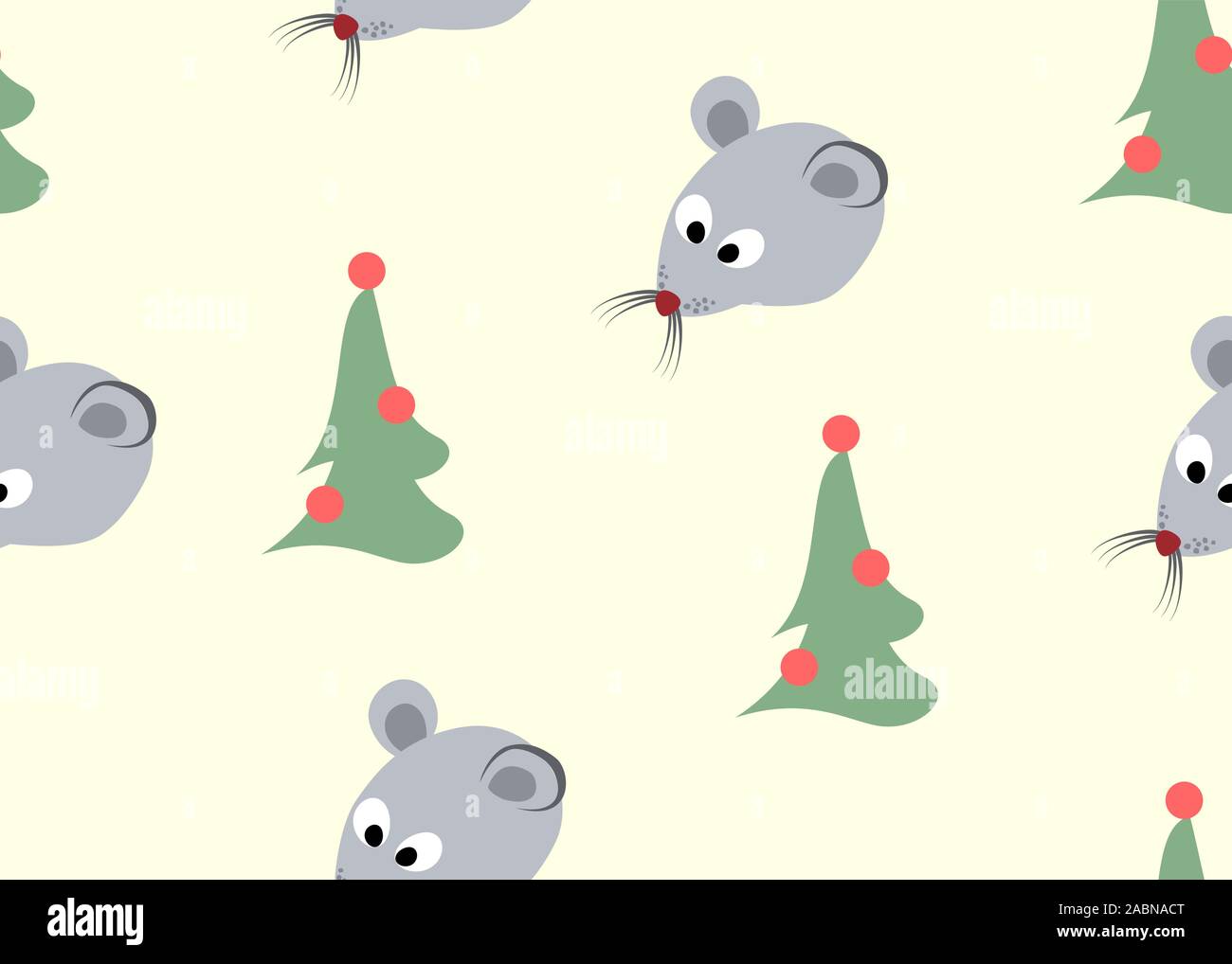 Seamless pattern with grey rats and christmas tree on light background ...