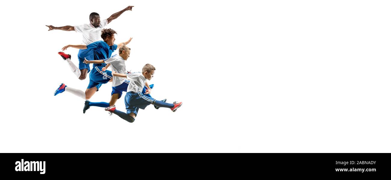 High flight. Young caucasian sportsmen running and jumping on white ...