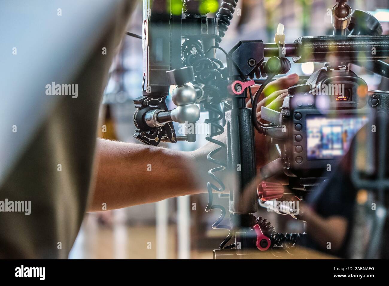 Film industry. Filming with professional camera background Stock Photo ...