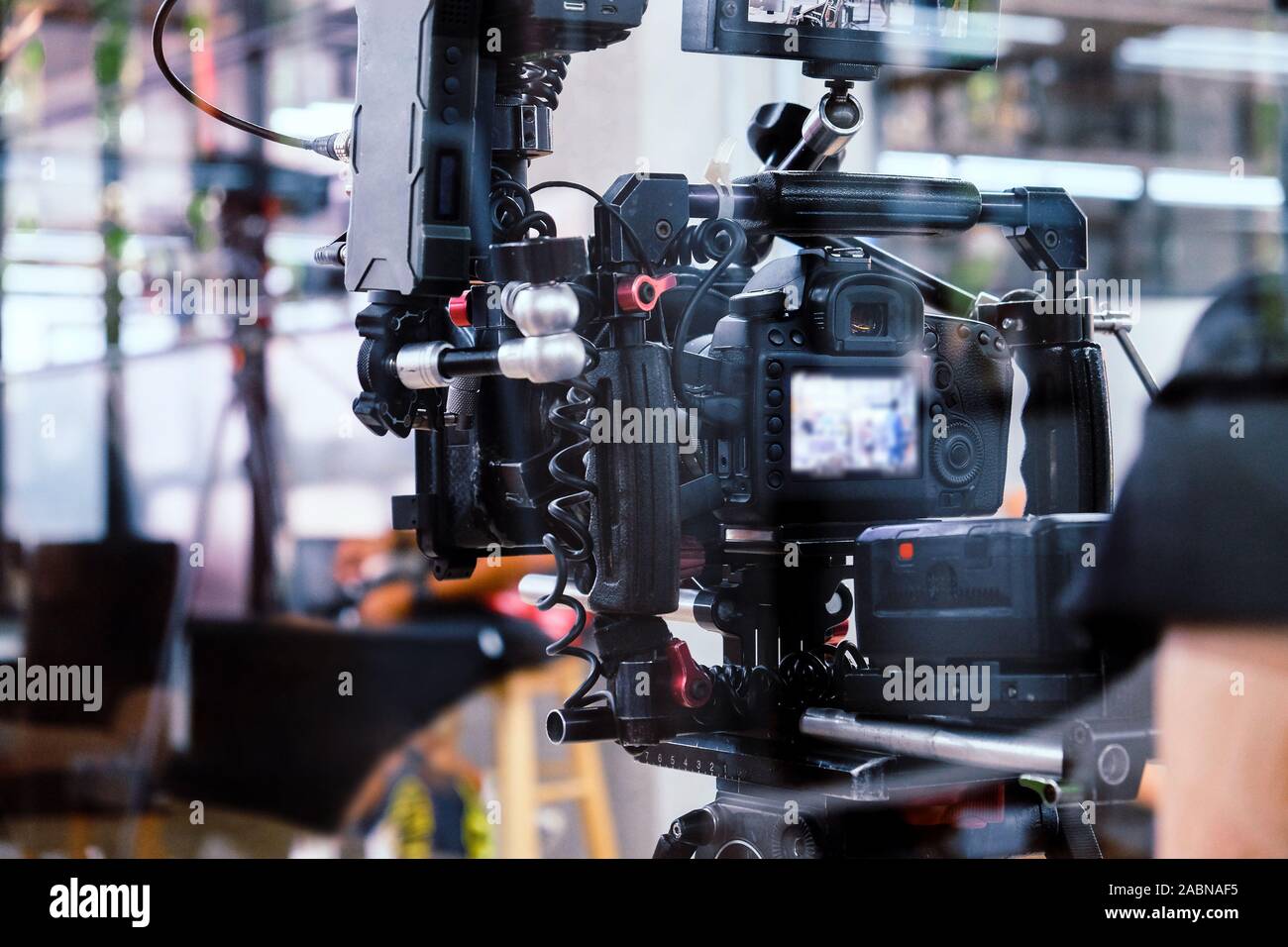 Film industry. Filming with professional camera background Stock Photo ...
