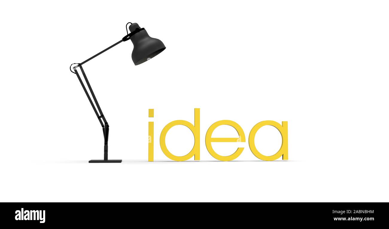 Yellow Idea Text With Lamp 3D Rendering Stock Photo - Alamy