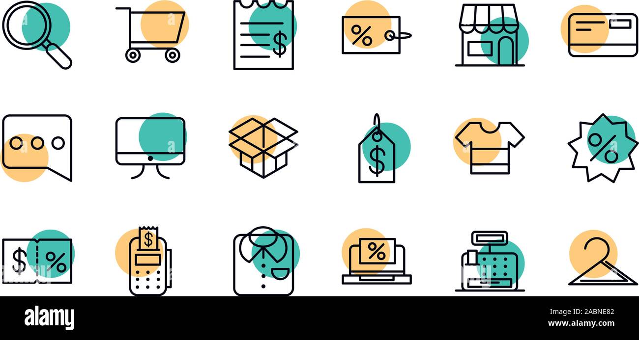shopping commercial icons set line style vector illustration dot color ...