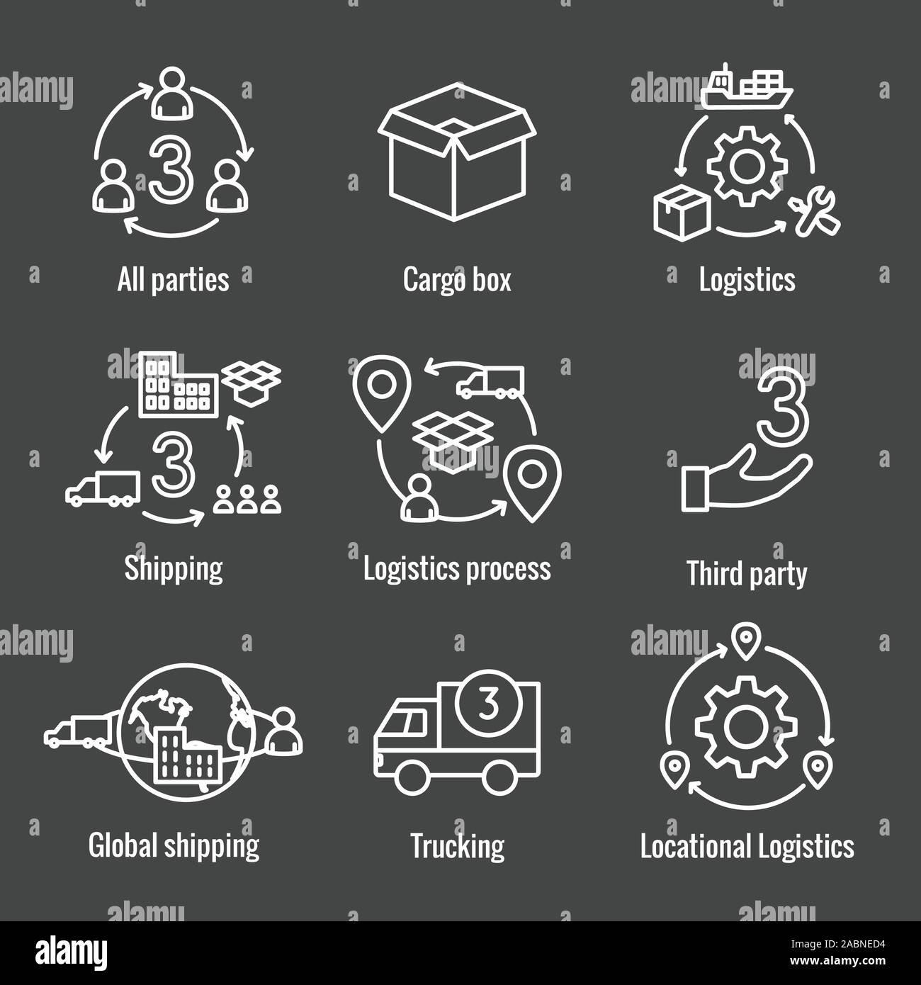 Logistics icon set w buildings, trucking, people and shipping box Stock ...