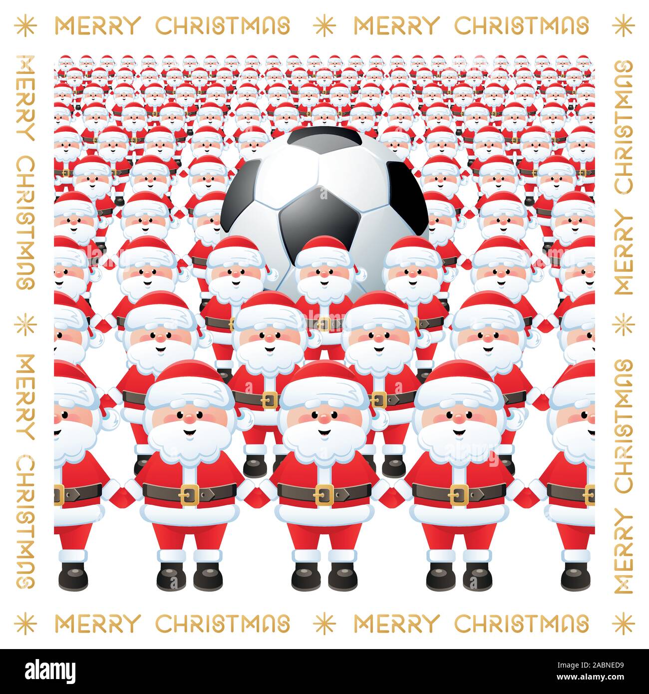 Merry Christmas. A huge group of Santa Claus with a Soccer ball. Funny ...