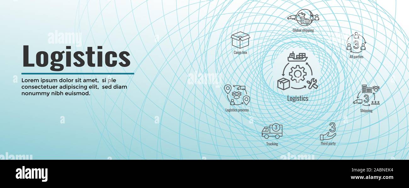 Logistics icon set and web header banner w buildings, trucking, people ...