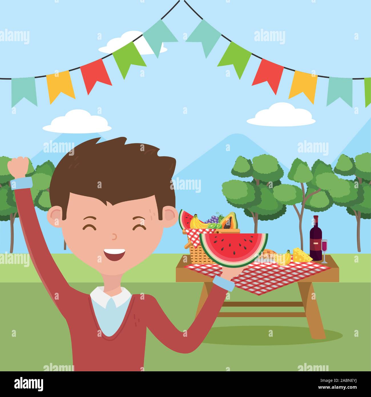 Man cartoon having picnic design, Food party summer outdoor leisure ...