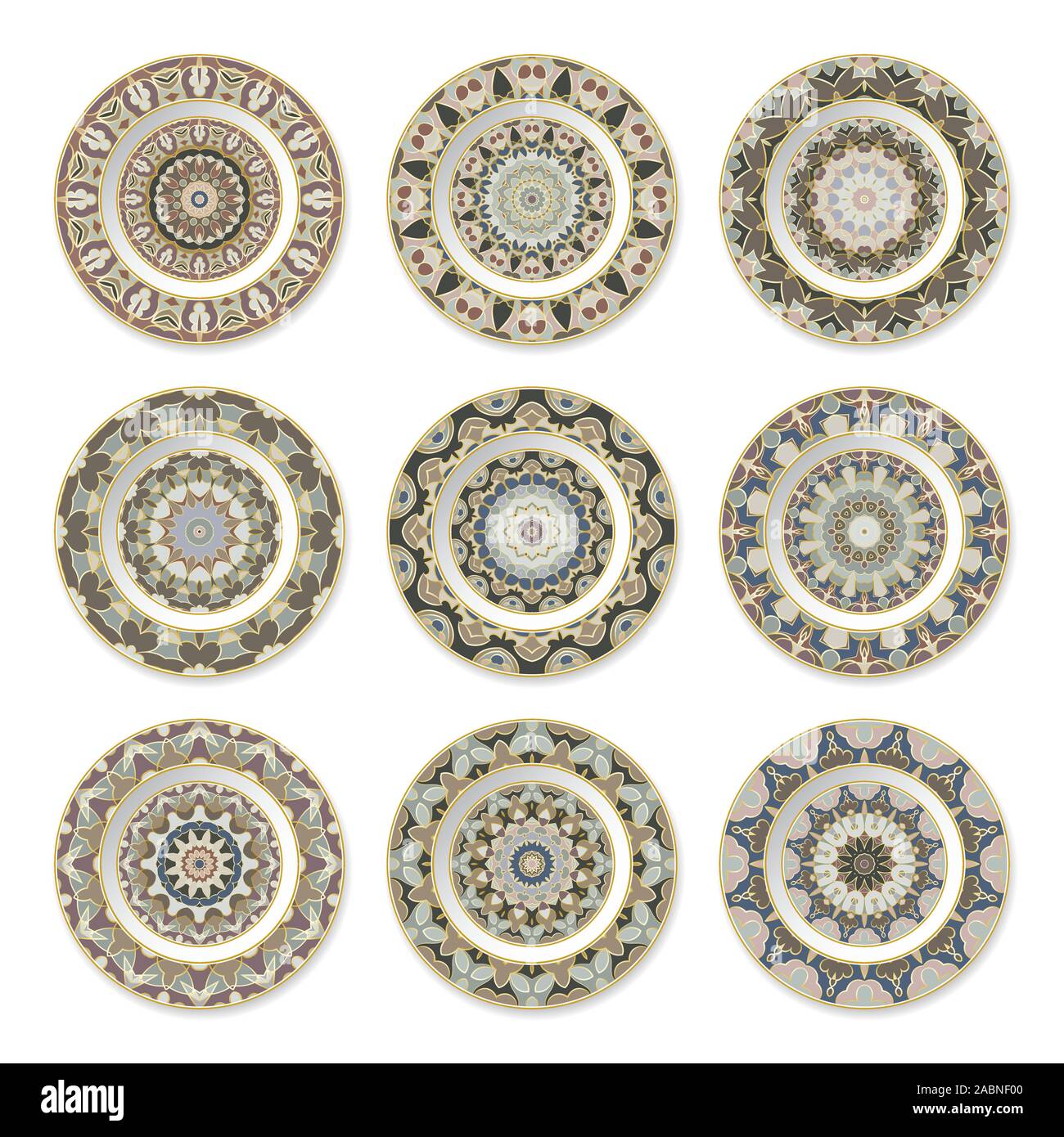 Set of nine decorative plates with a circular colored pattern, top view ...
