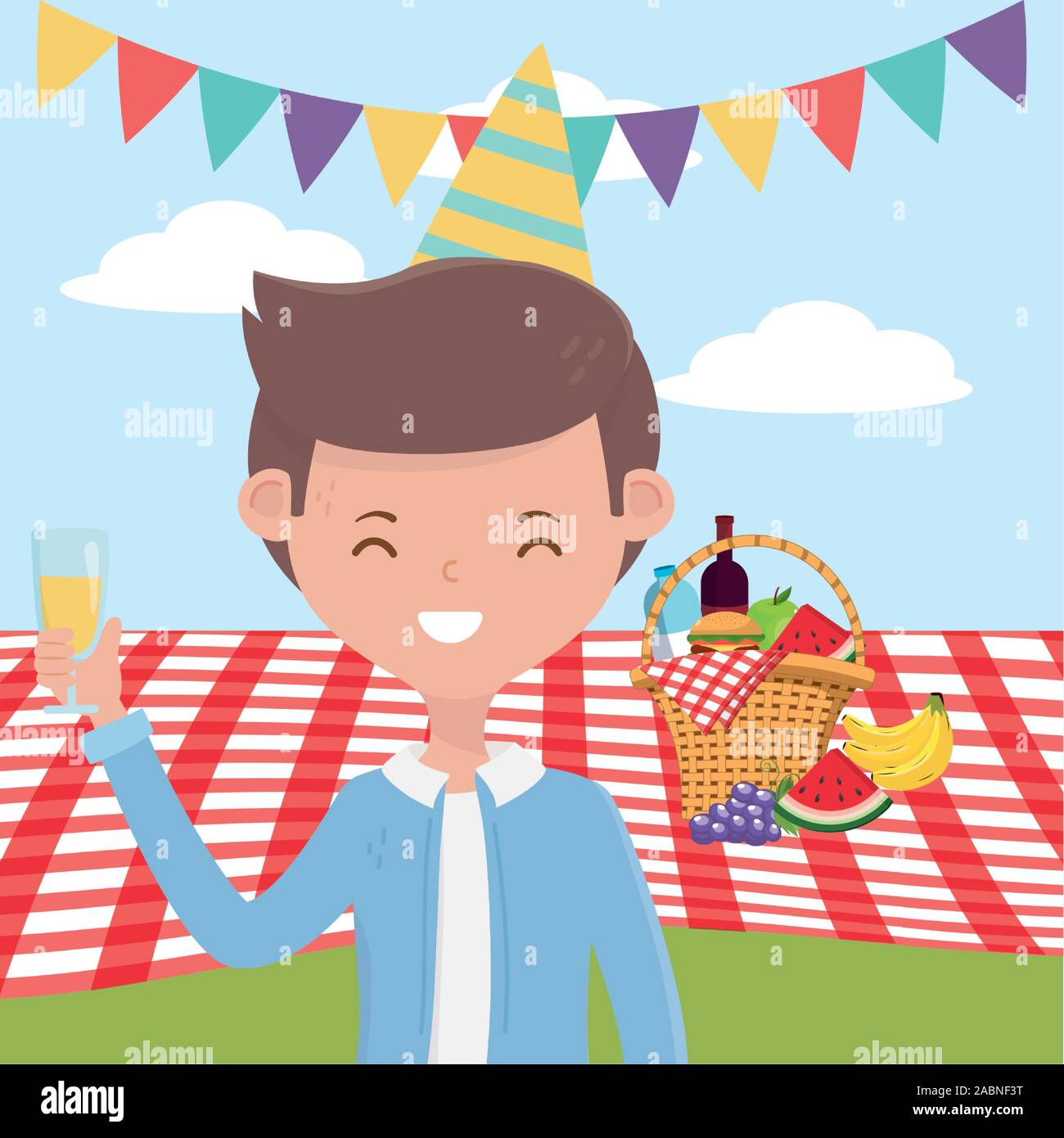Man cartoon having picnic design, Food party summer outdoor leisure ...