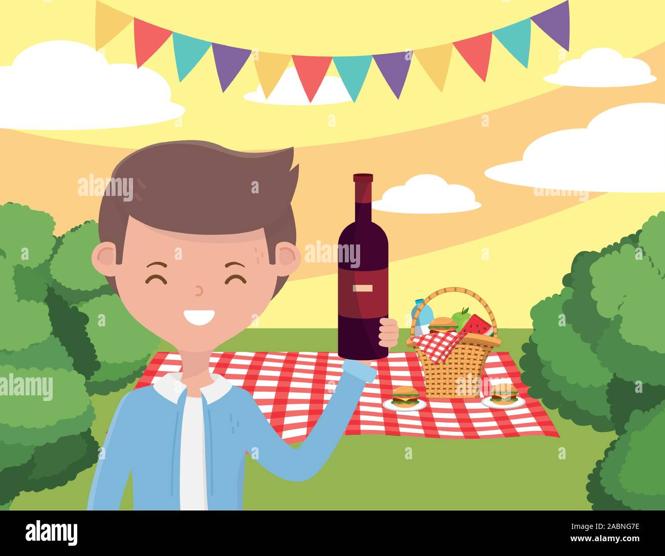 Man cartoon having picnic design, Food party summer outdoor leisure ...