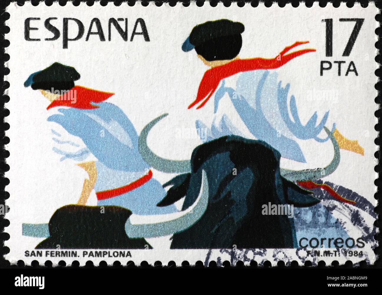 Running of the bulls in Pamplona on spanish postage stamp Stock Photo ...
