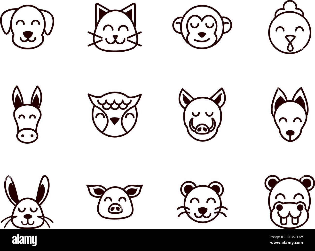 cute face animals cartoon icon on white background thick line Stock ...