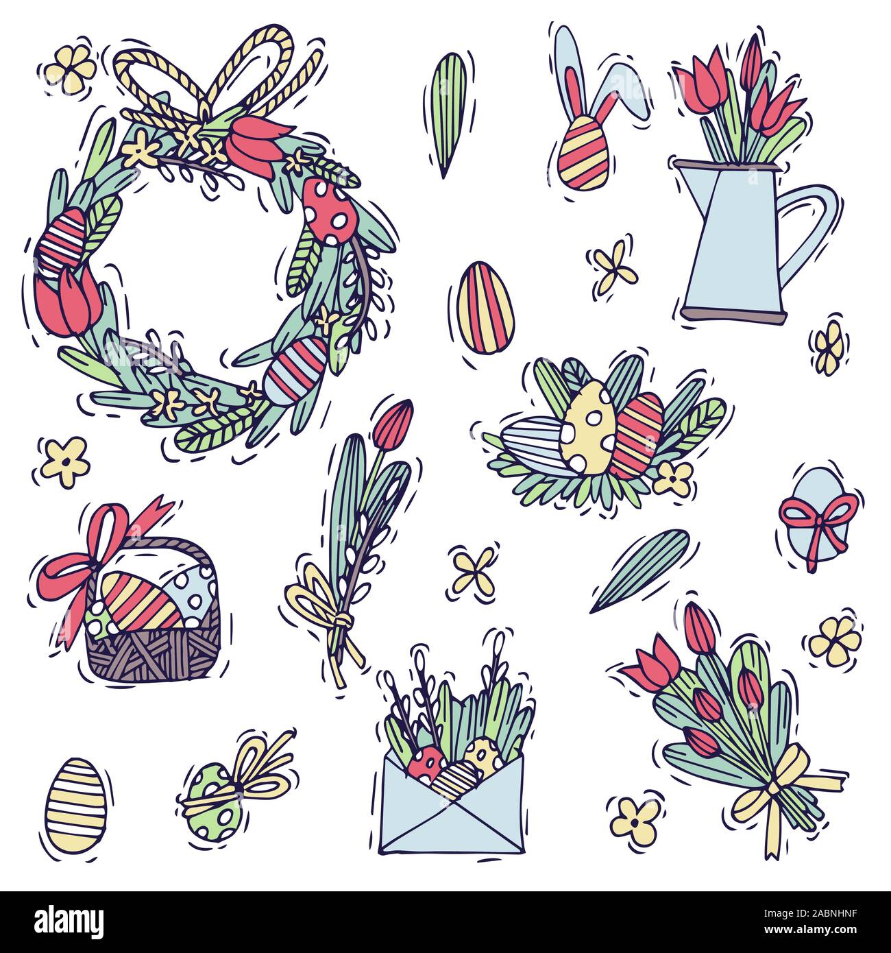 Vector hand draw illustrations easter decorations and eggs composition ...