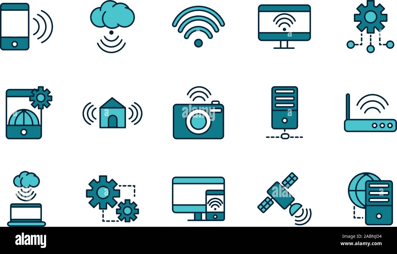 internet of things line and fill icons set vector illustration Stock ...