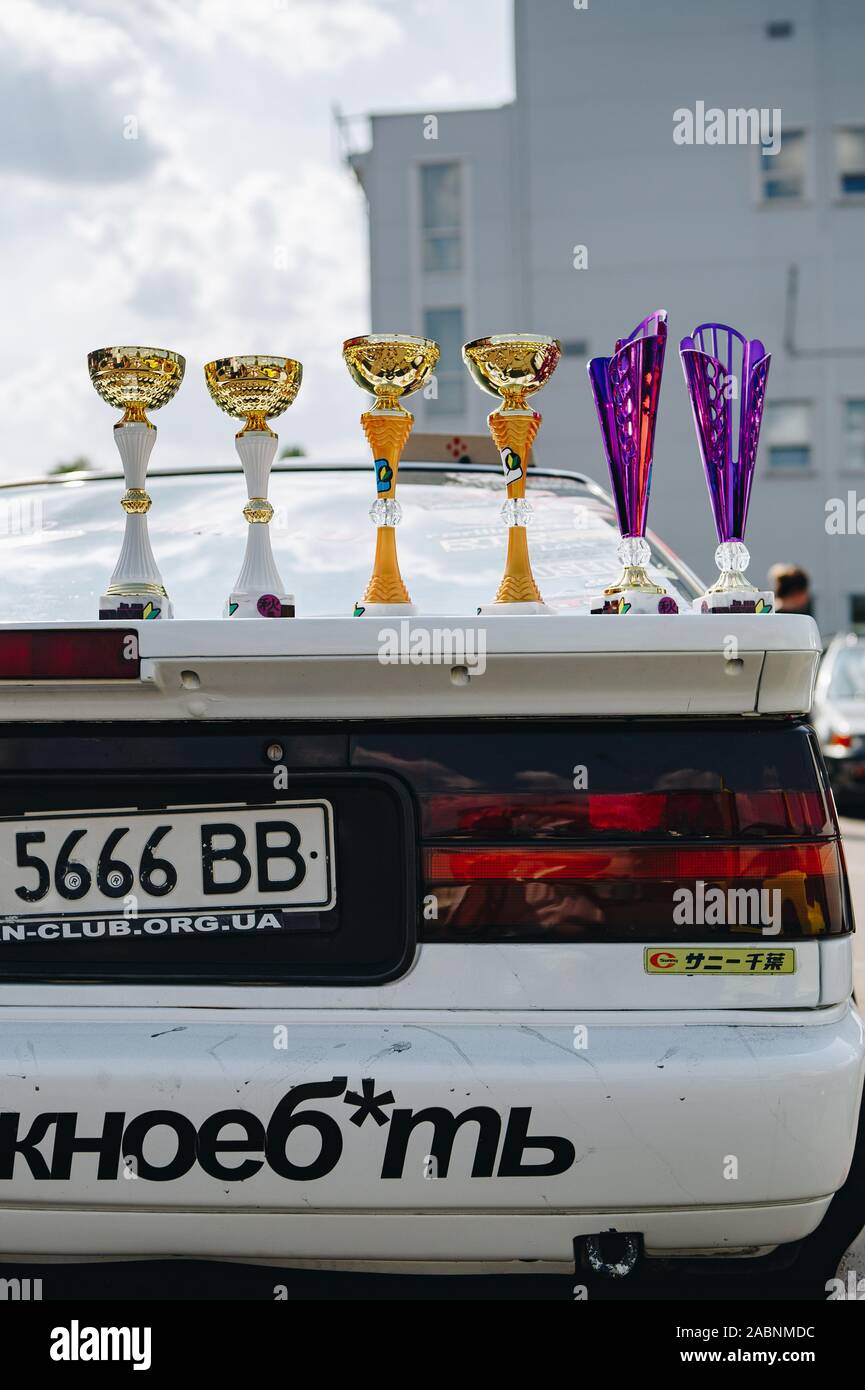 KYIV-28 JULY,2019: Golden trophies on winner vehicle.JDM car show ...