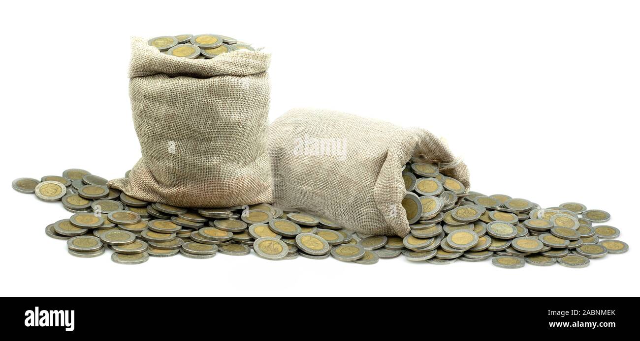 Stacking coin in sack on white background, Money stack for business ...