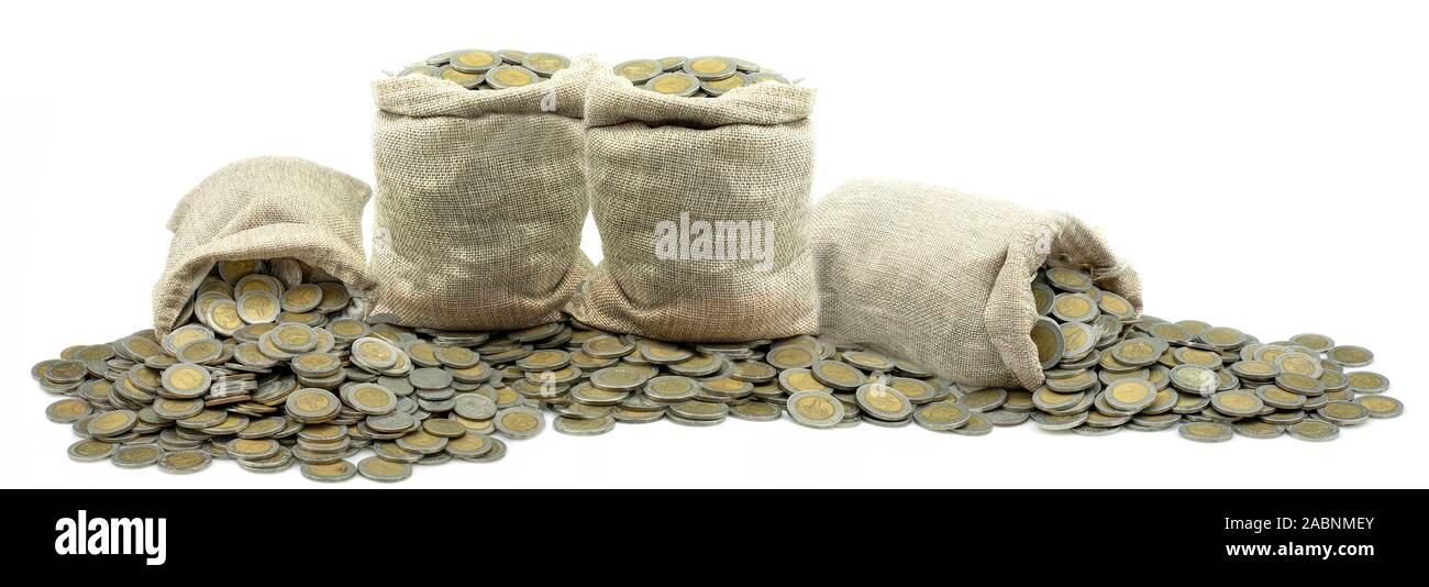 Stacking coin in sack on white background, Money stack for business ...
