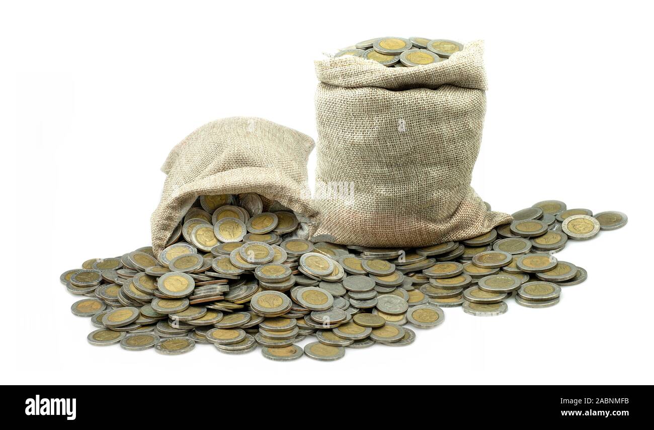 Stacking coin in sack on white background, Money stack for business ...