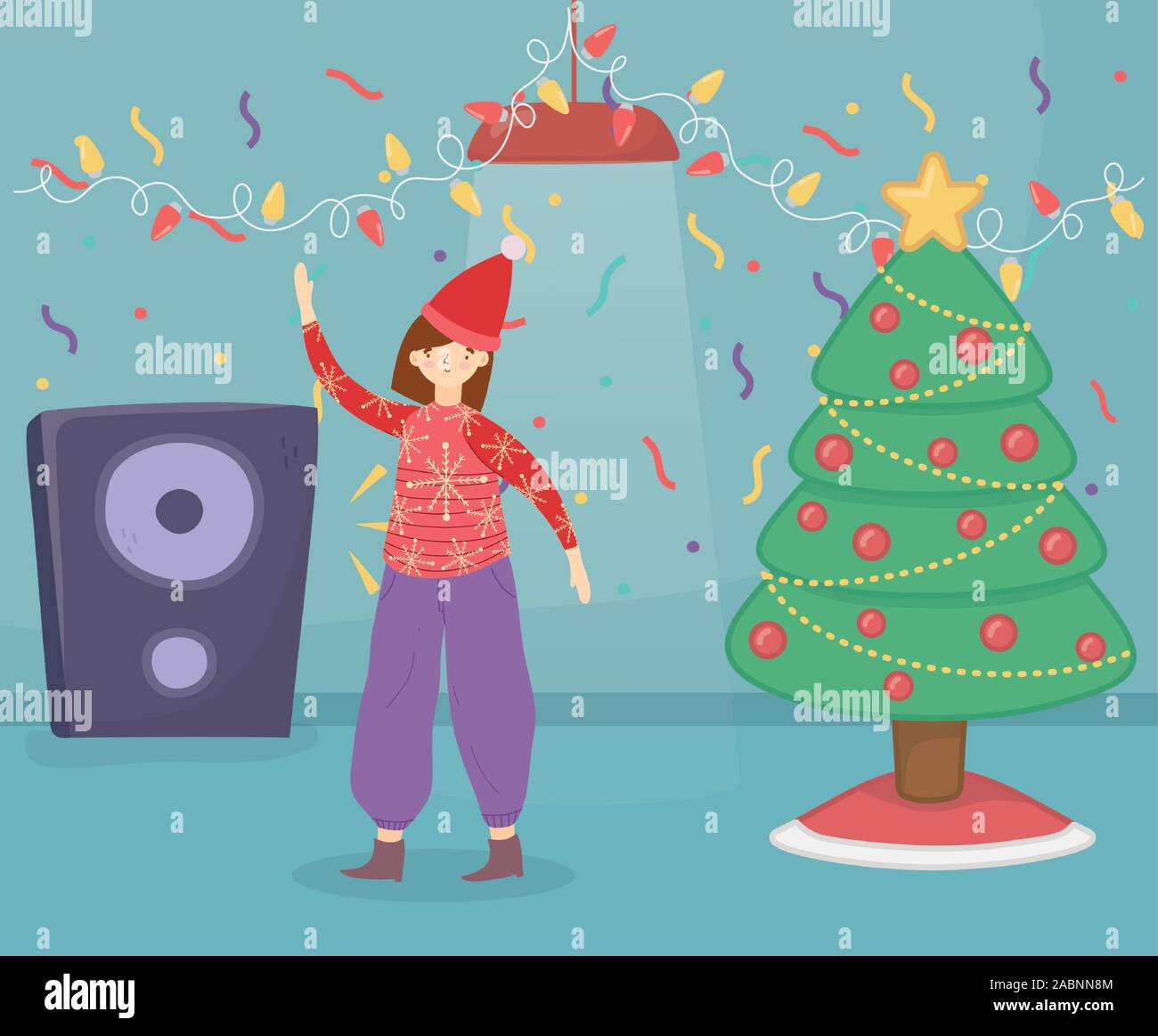 merry christmas woman with ugly sweater tree speaker confetti ...