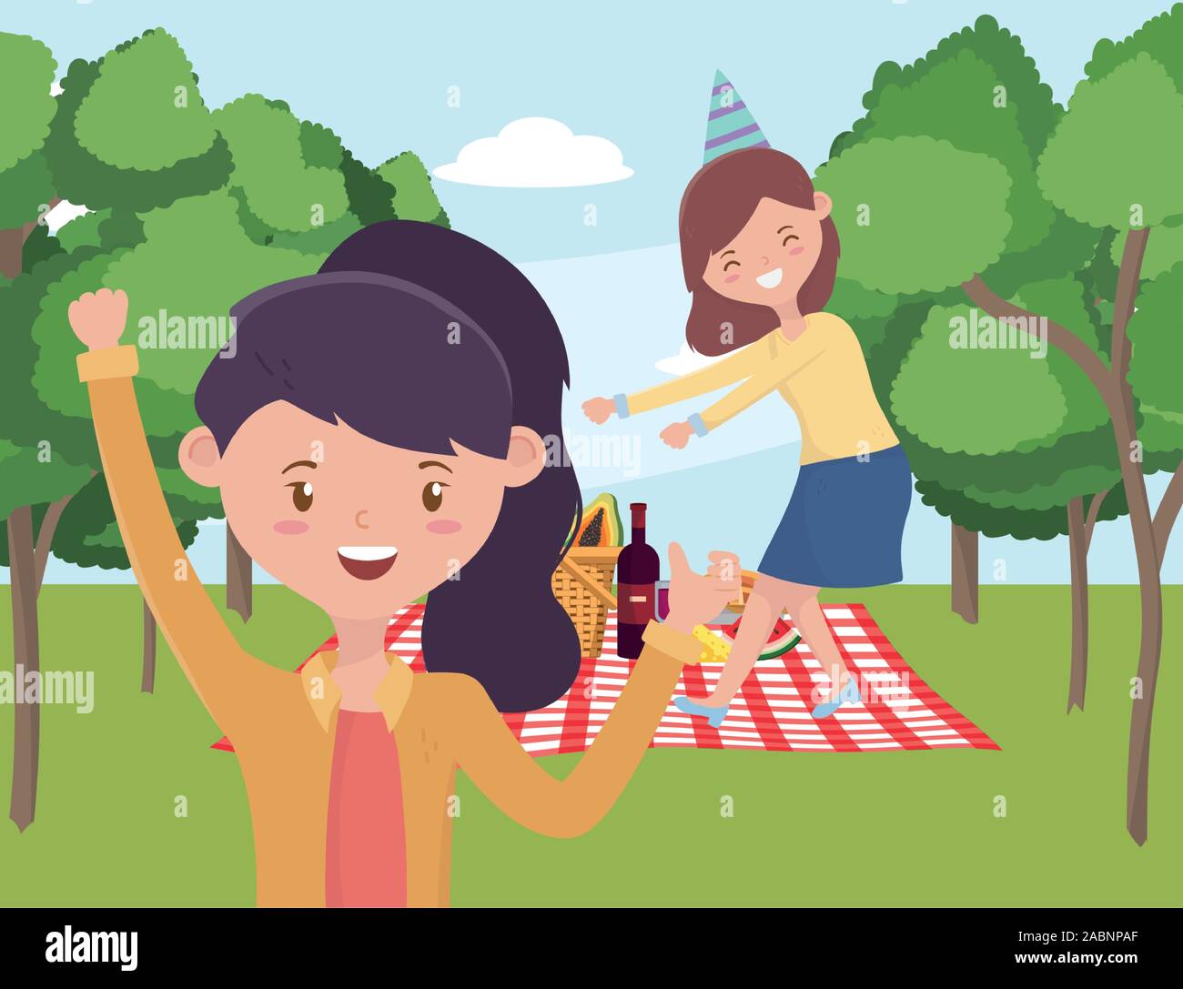 Women cartoons having picnic design, Food party summer outdoor leisure ...
