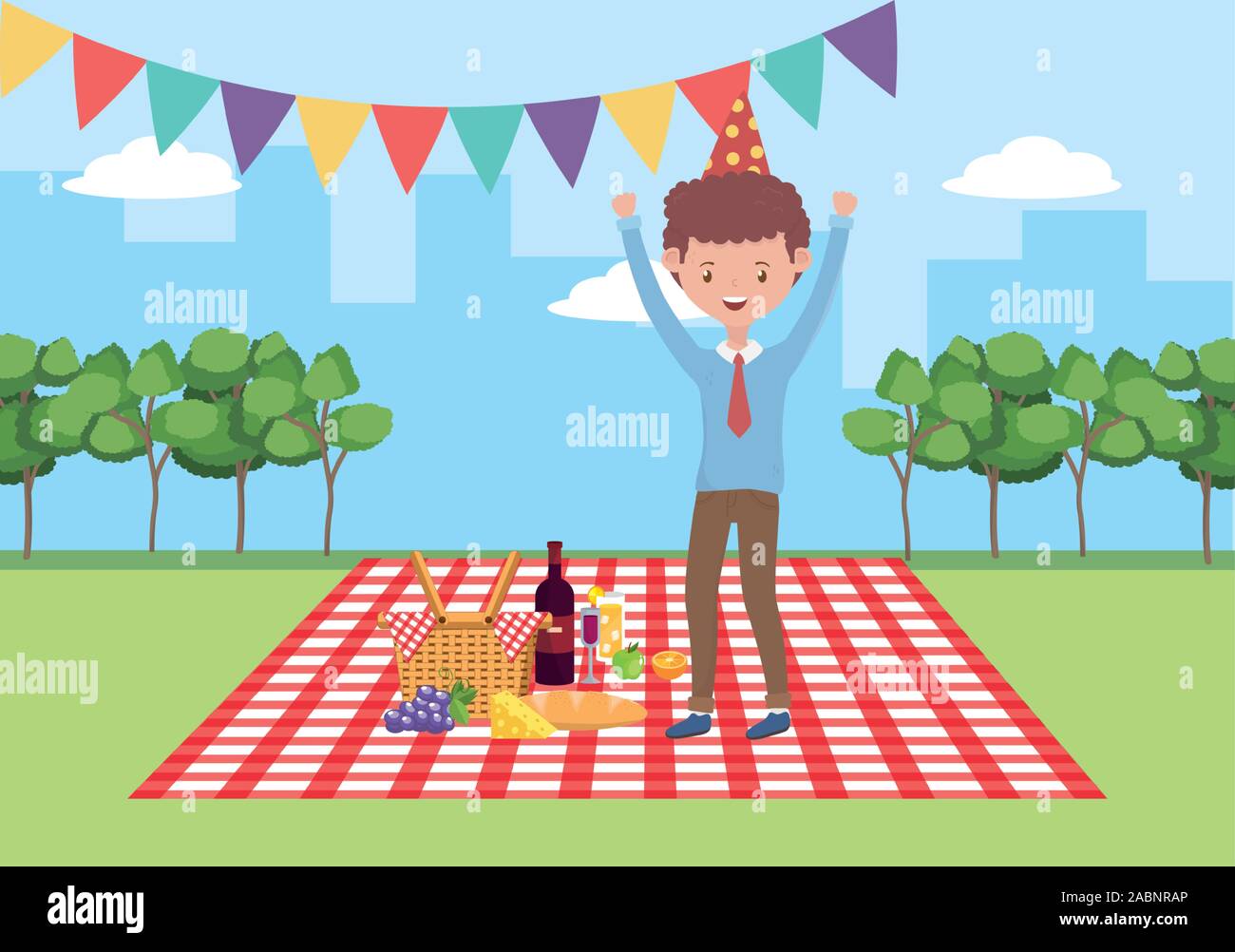 Man cartoon having picnic design, Food party summer outdoor leisure ...