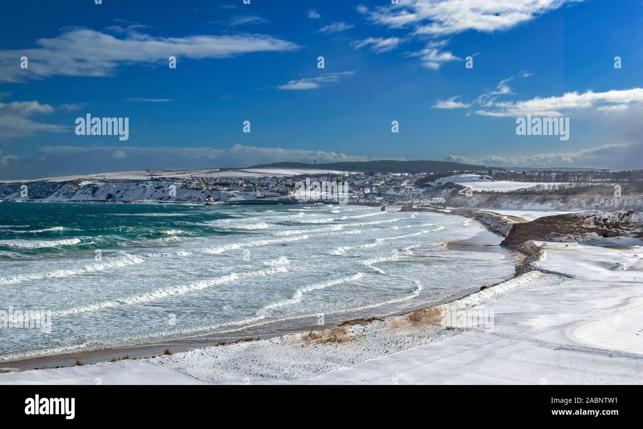 CULLEN TOWN AND CULLEN BAY MORAY COAST SCOTLAND SNOW COVERED BEACH AND ...