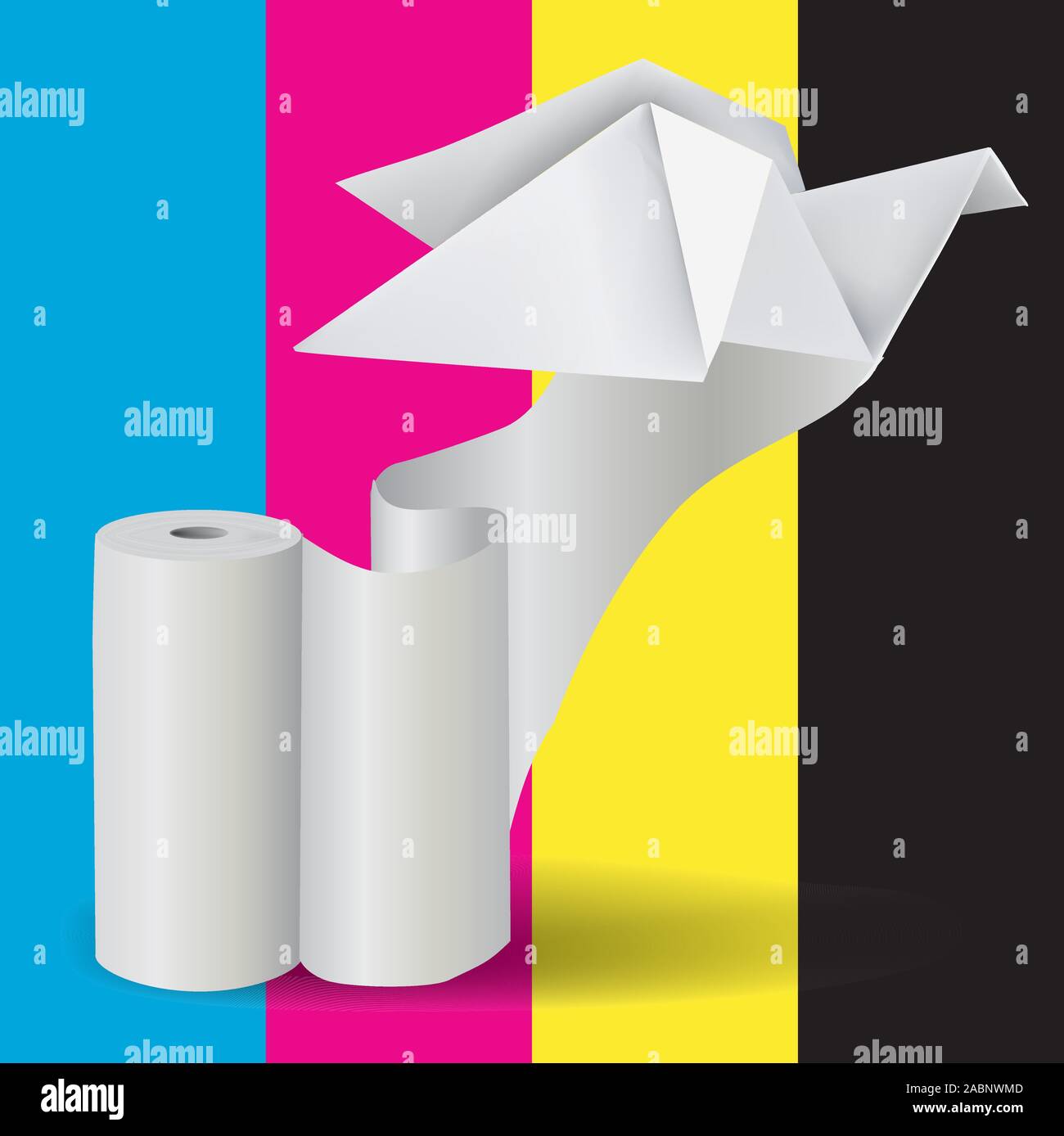 Roll of white paper with Origami Pigeon. Origami pigeon taking off from ...