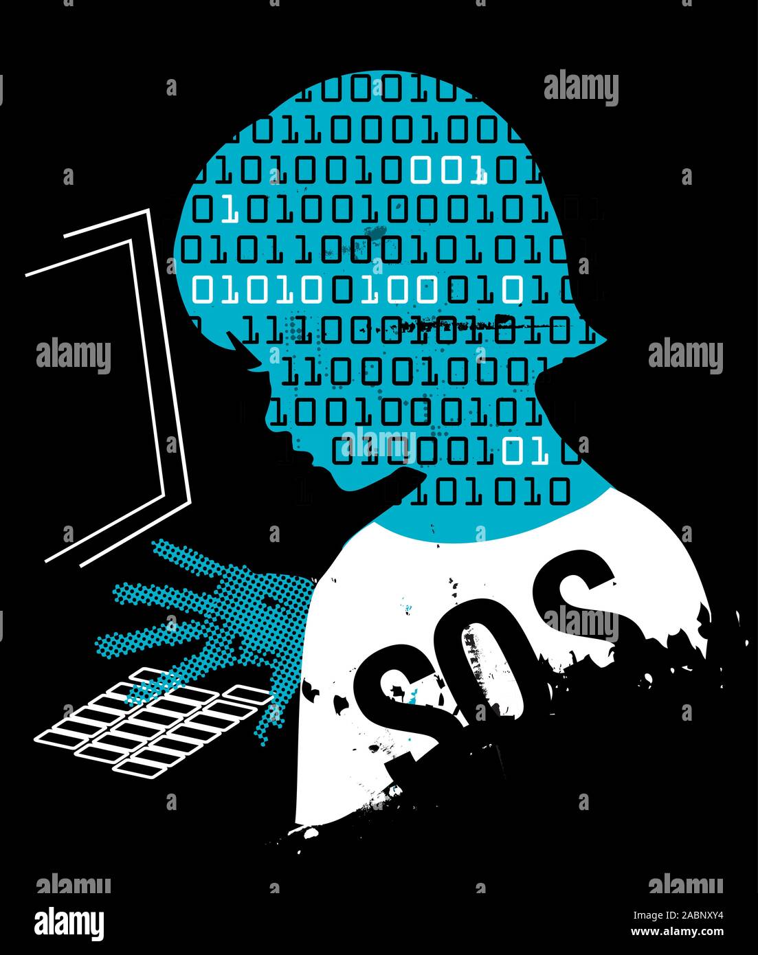 Sad child at the computer. Stylized silhouette of sad, bored child ...