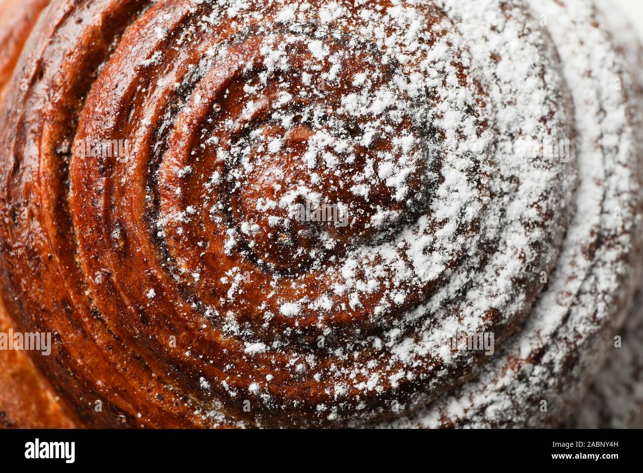Cinnamon roll with powdered sugar on whole background, closeup Stock ...