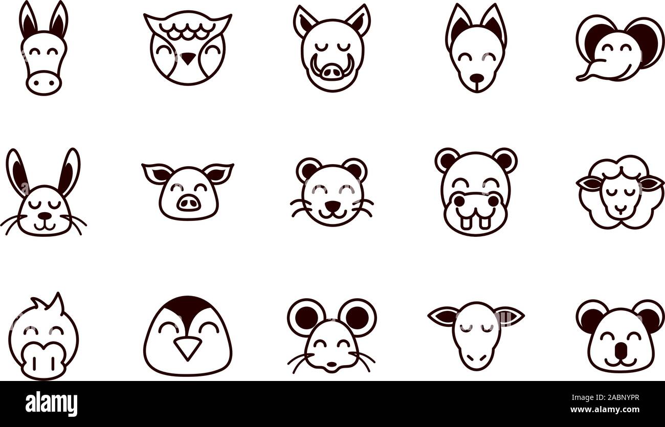 cute face animals cartoon icon on white background thick line Stock ...