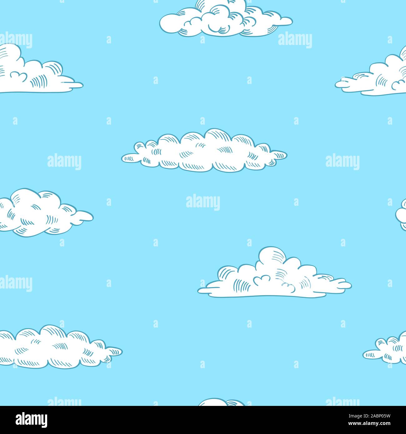 Sky seamless pattern with hand drawn clouds. Outline elements on blue ...