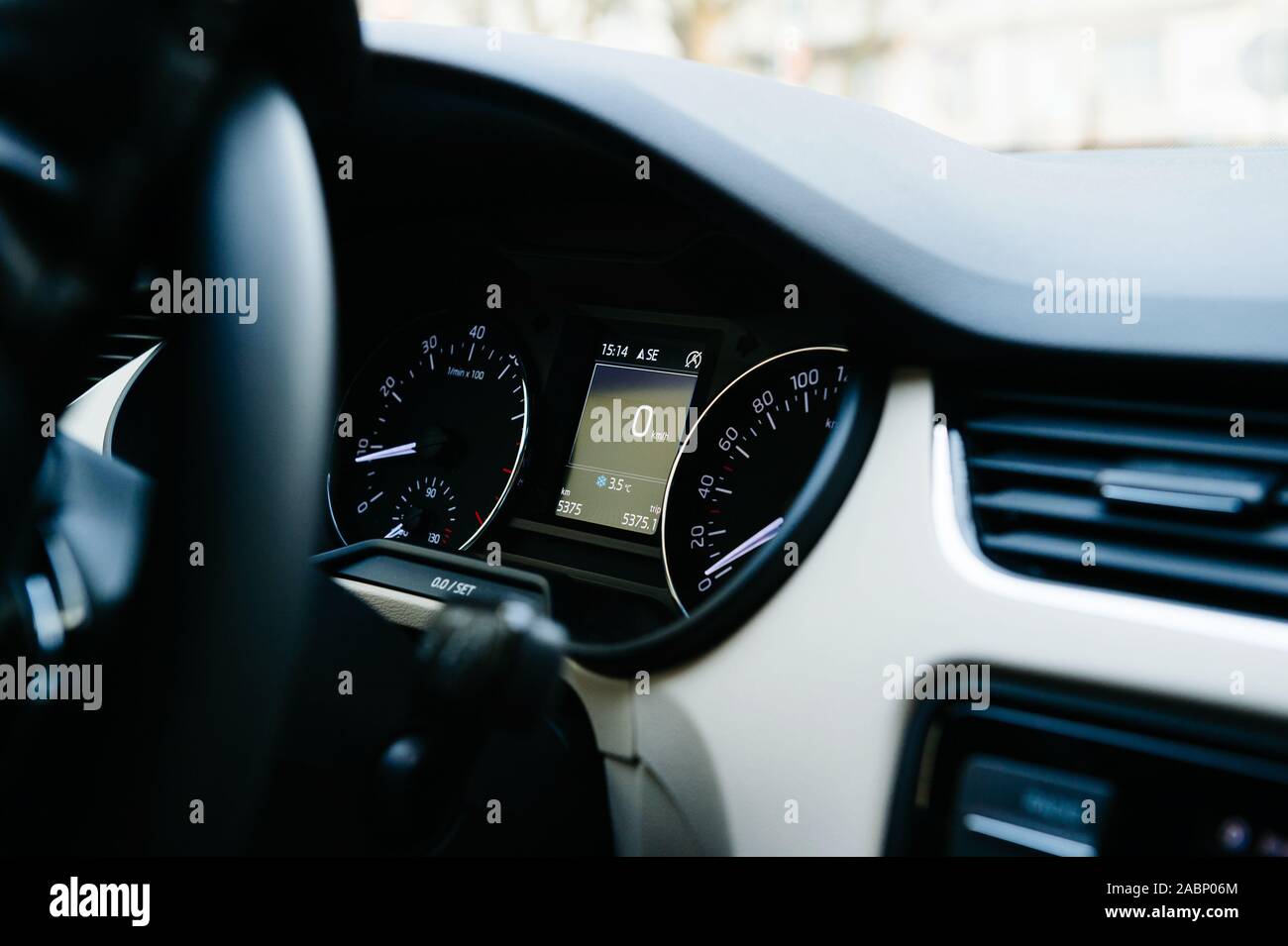 Interior view of modern luxury car with analog and digital speed limit ...