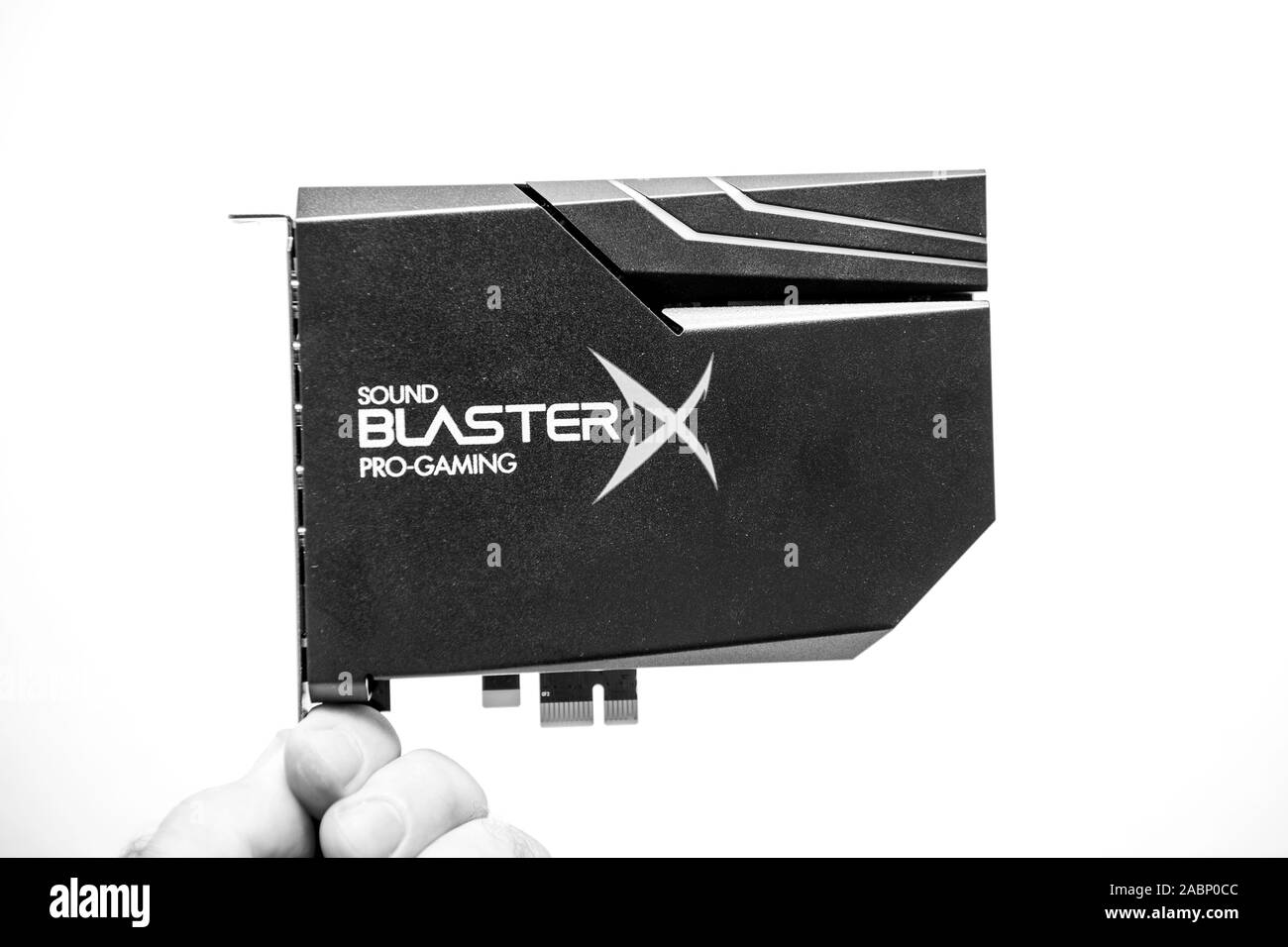 Lyon, France - Aug 9, 2019: Man hand holding new Creative Sound Blaster ...