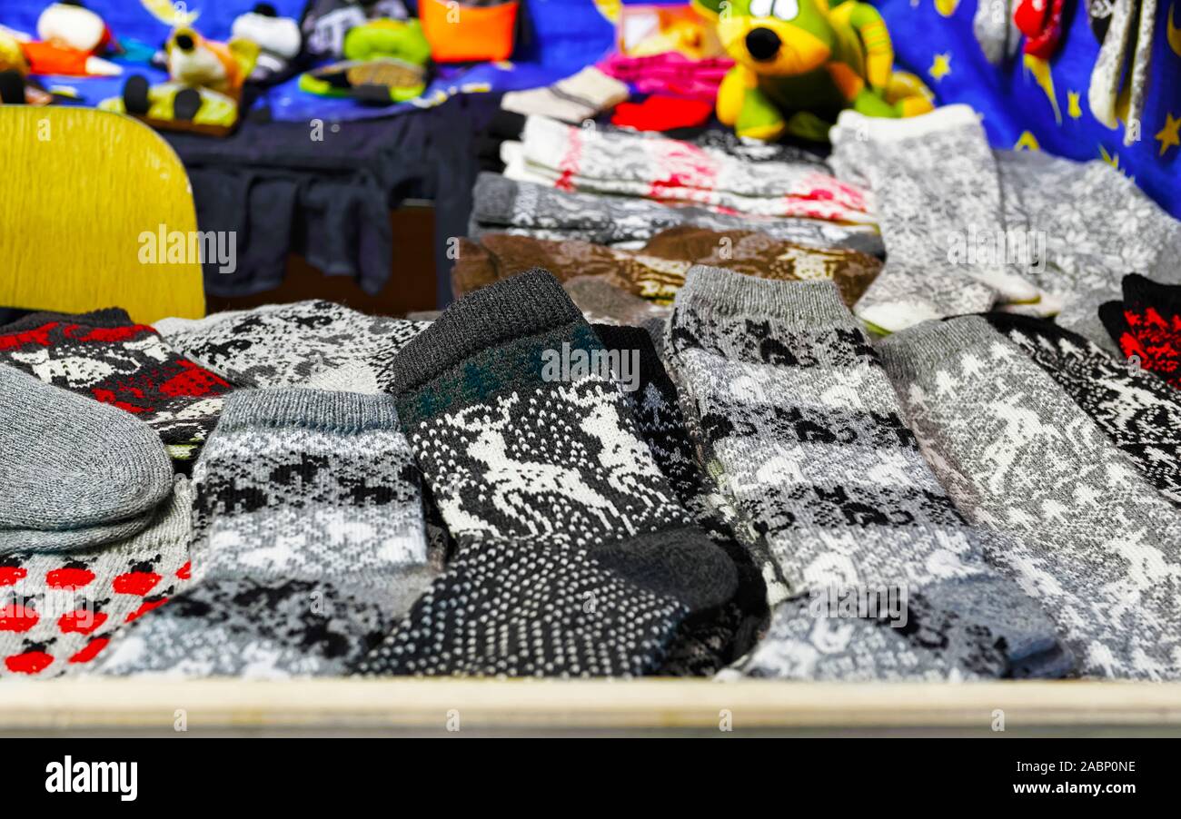 Stall with knitted hose at the Vilnius Christmas Market reflex Stock ...