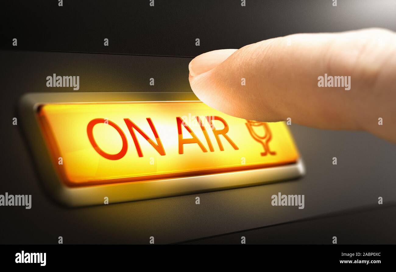 Finger pressing a button to activate an on air sign. Composite image ...