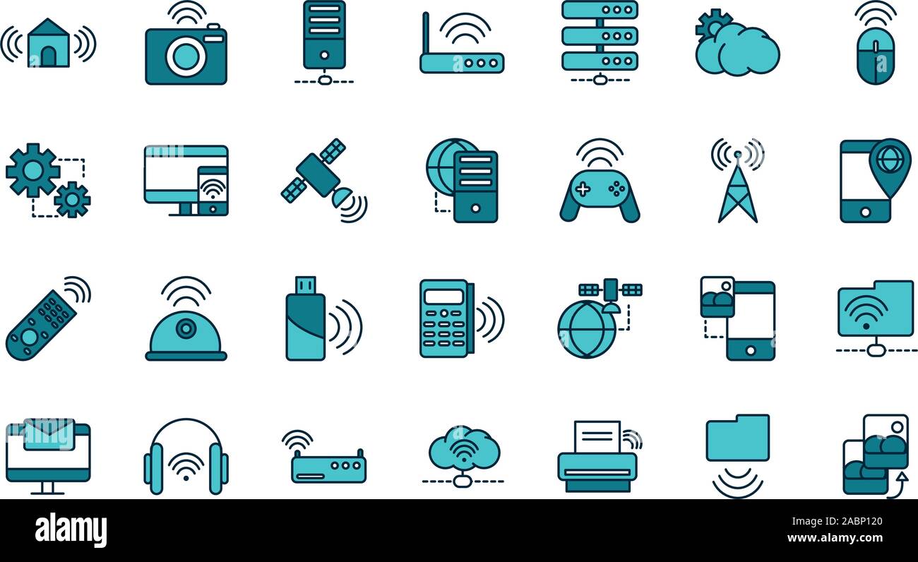 internet of things line and fill icons set vector illustration Stock ...