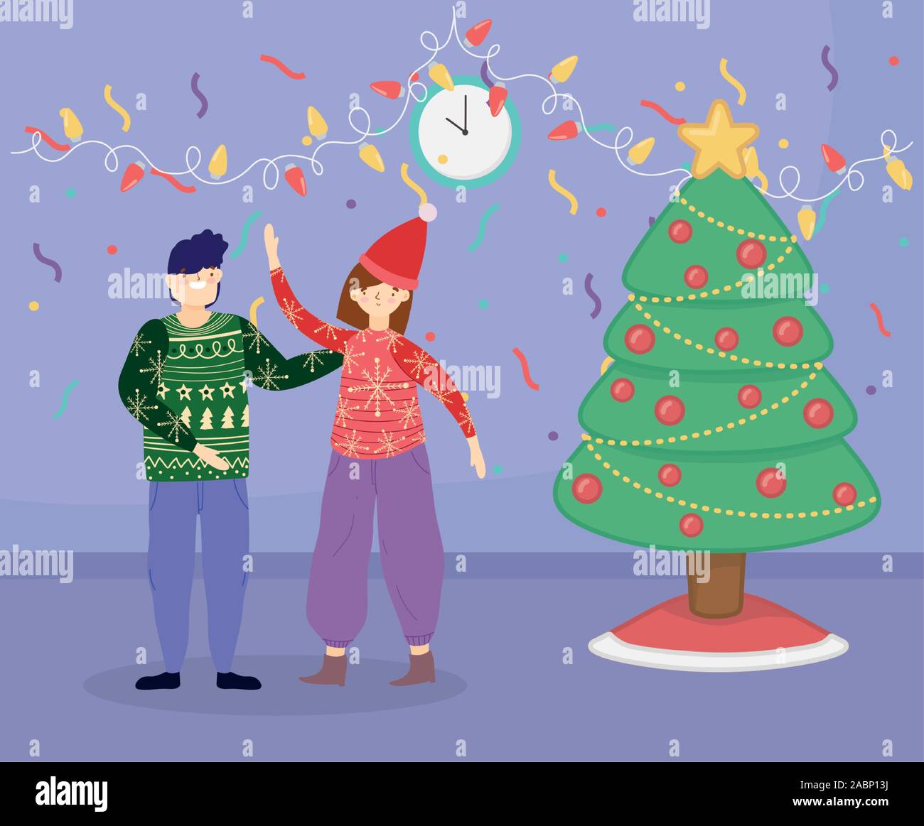 merry christmas couple with ugly sweater tree lights confetti ...